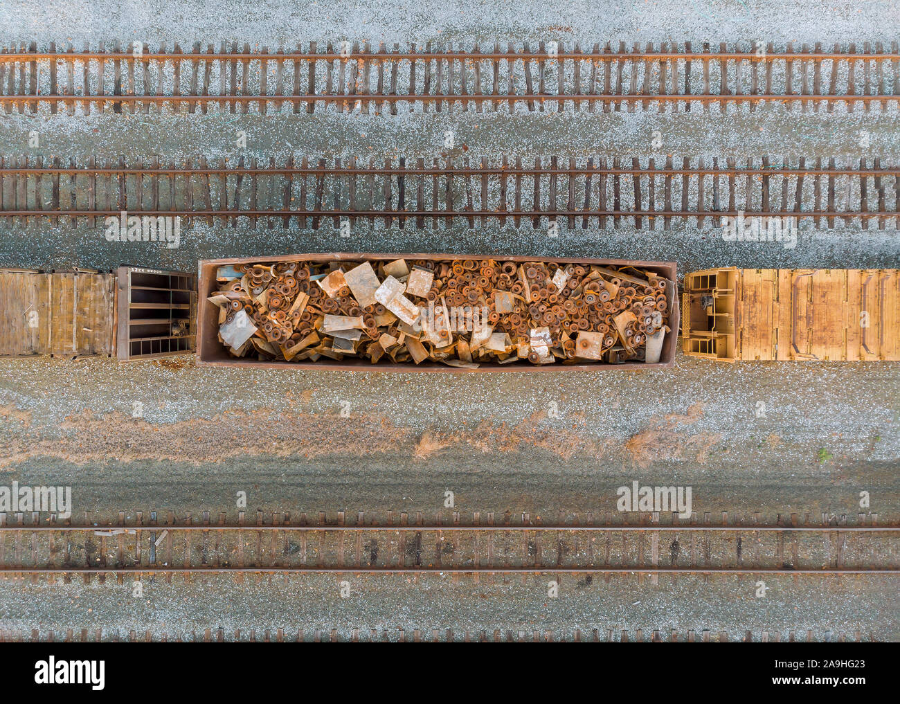 The recycling of scrap metal railway wagons loaded with scrap metal ...