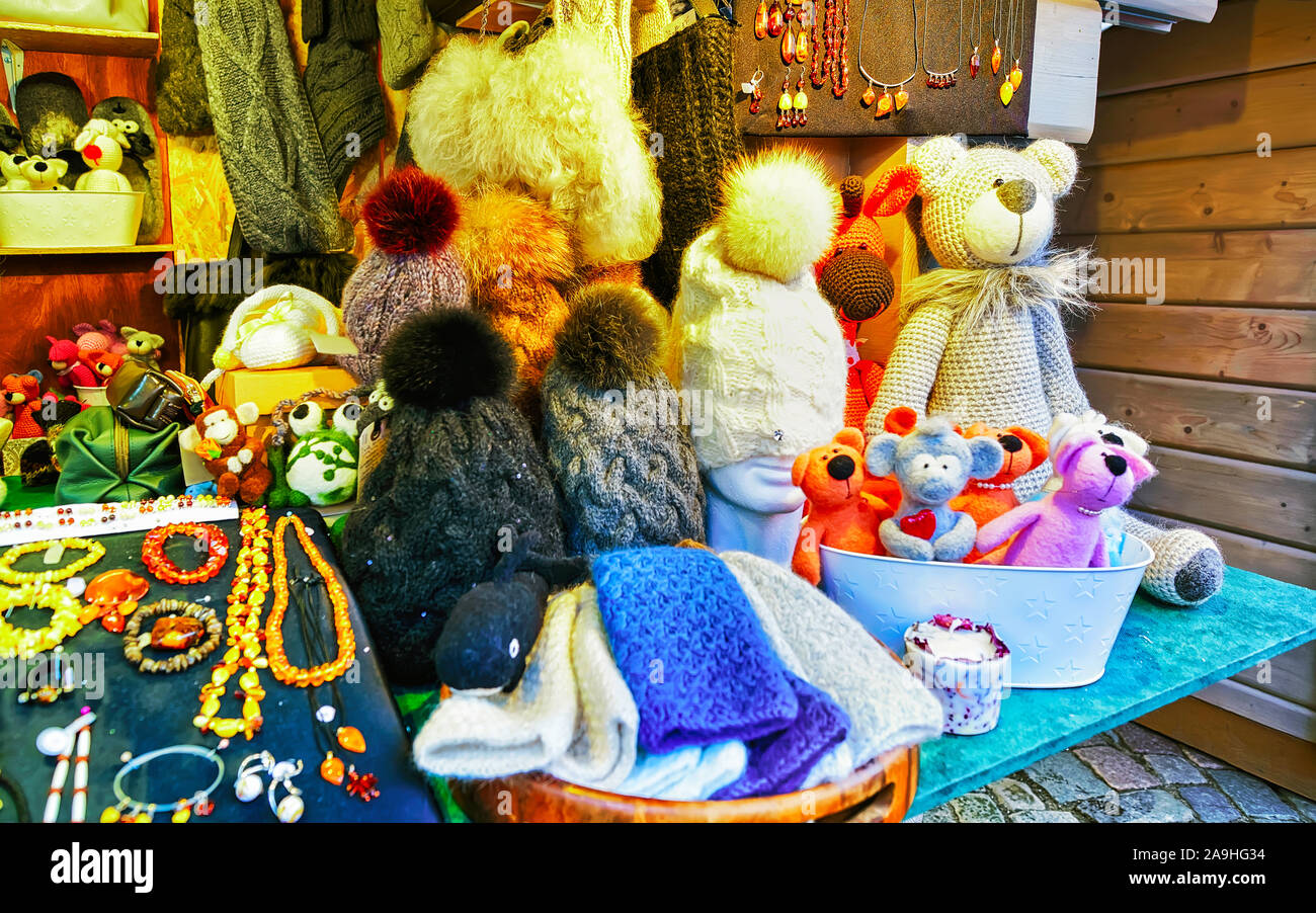 Handmade bears and hats display at Riga Christmas market new Stock ...