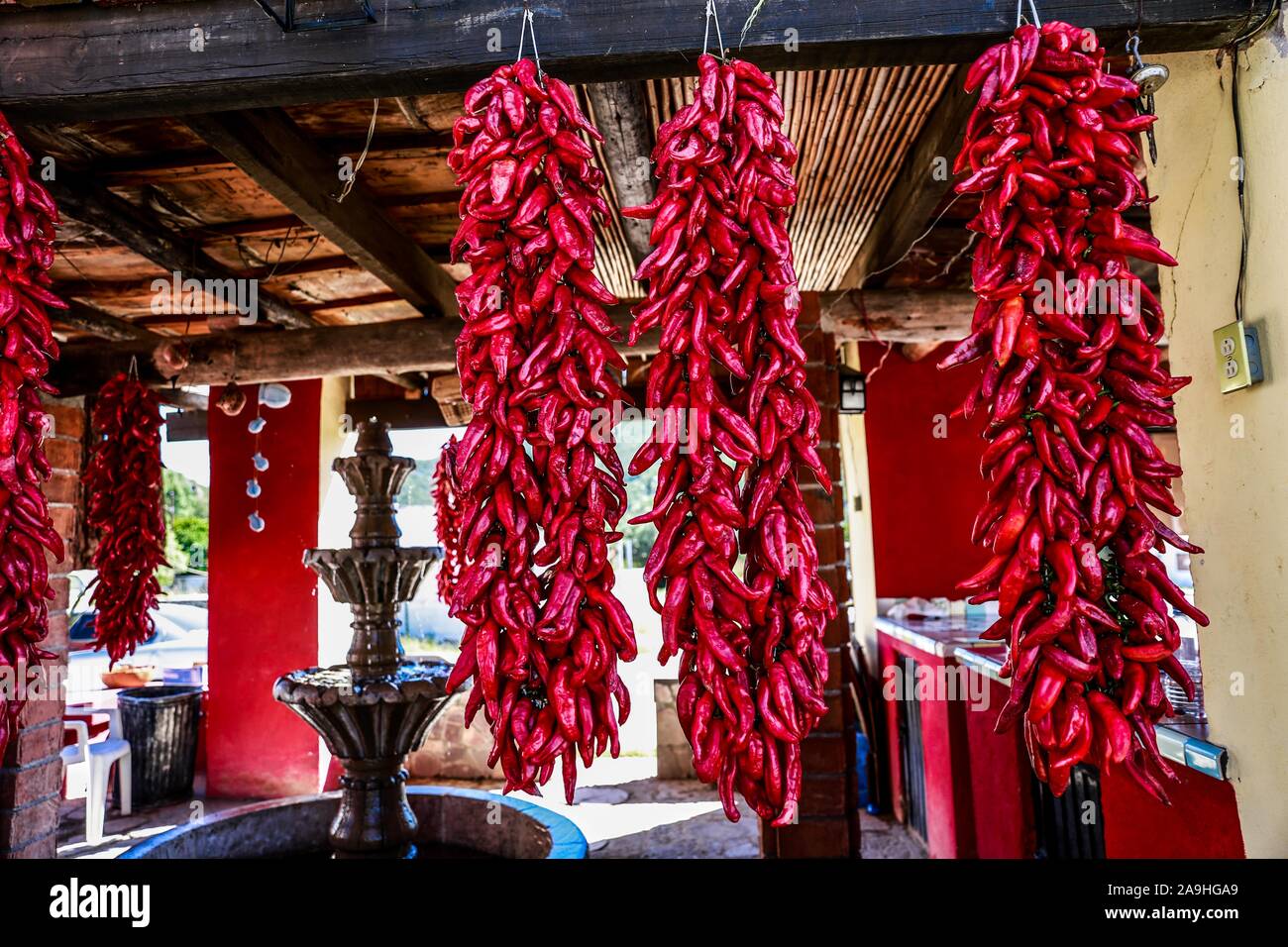 Ristras of red chile in the town Mazocahui, is part of the route of the ...