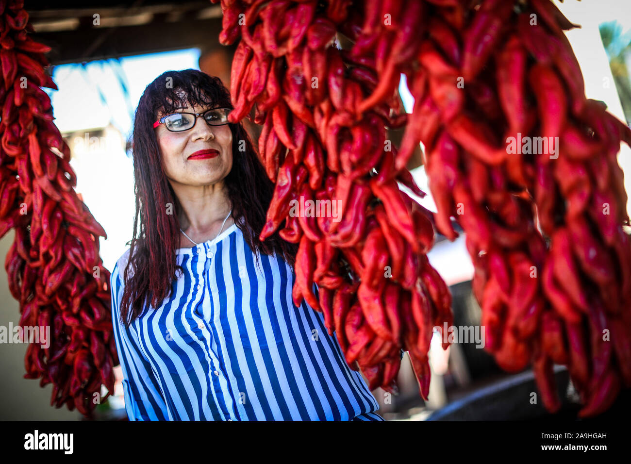 Ristras of red chile in the town Mazocahui, is part of the route of the ...