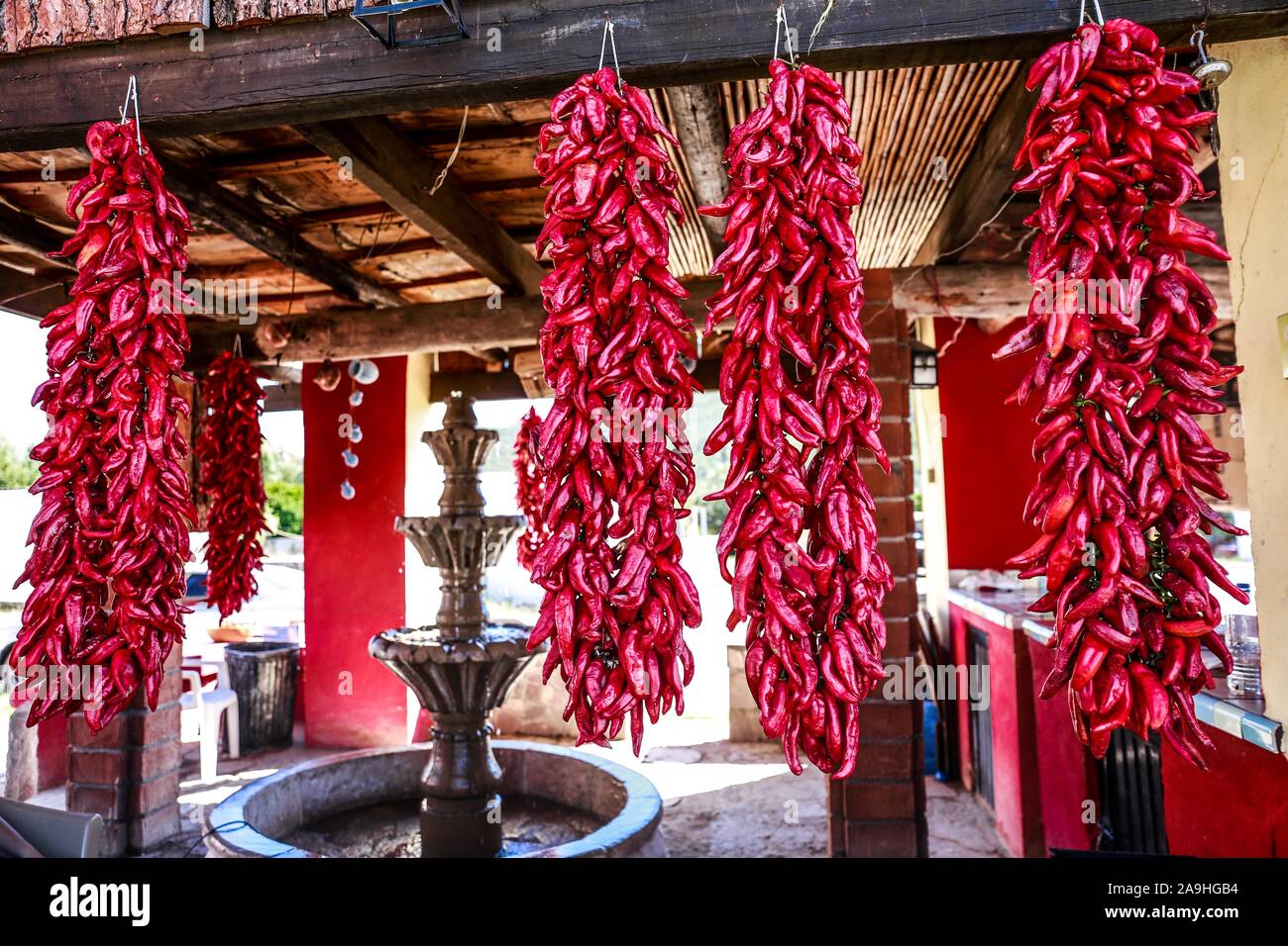 Ristras of red chile in the town Mazocahui, is part of the route of the ...