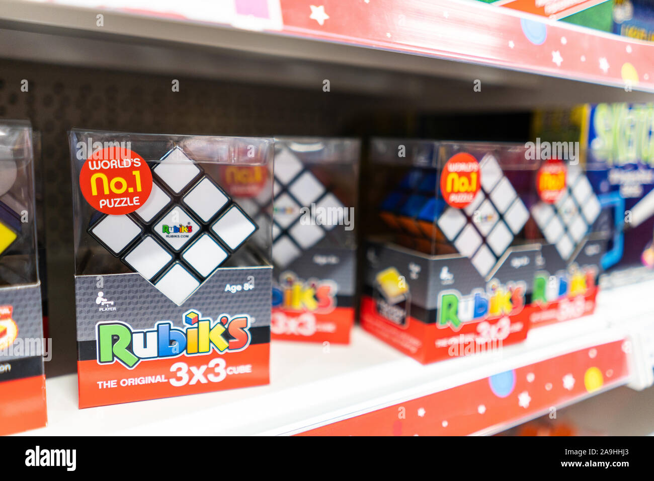 Rubik's cube on shelves ready for Christmas, the 3D combination puzzle ...