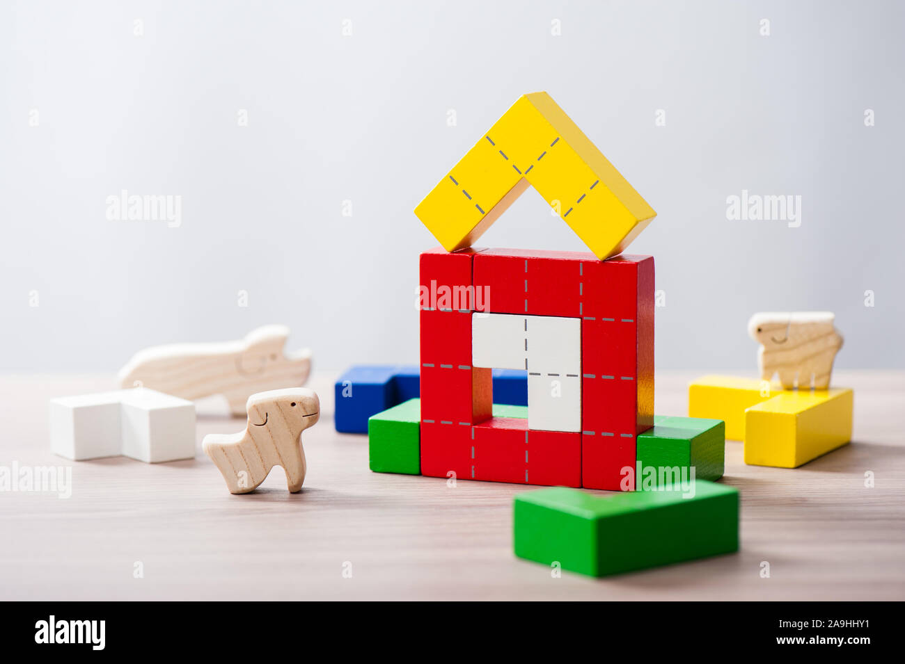 colorful wooden puzzle blocks toy and wooden animals, wooden ...