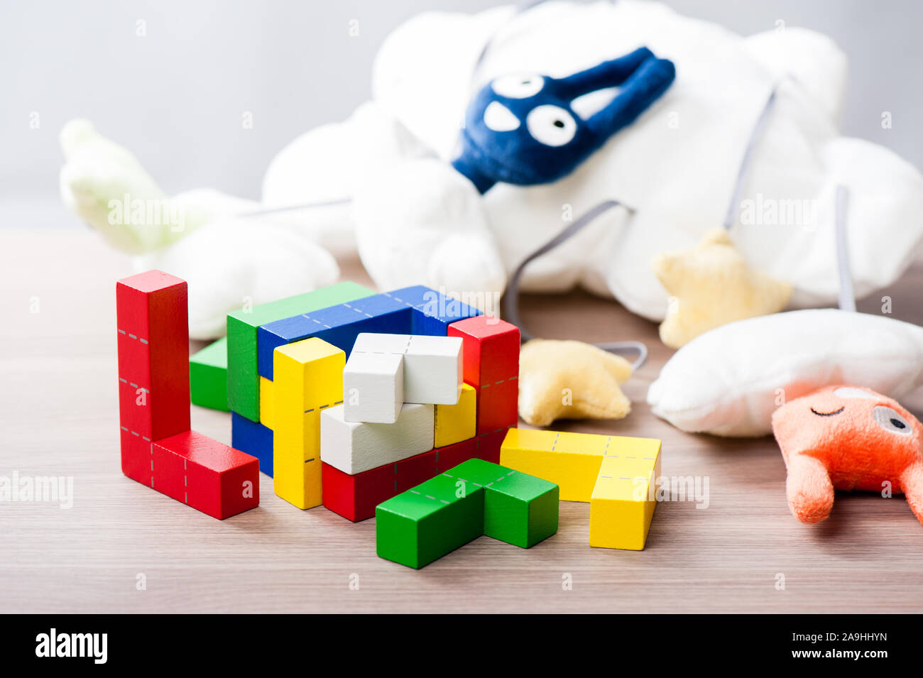 colorful wooden puzzle blocks toy, wooden construction blocks with ...