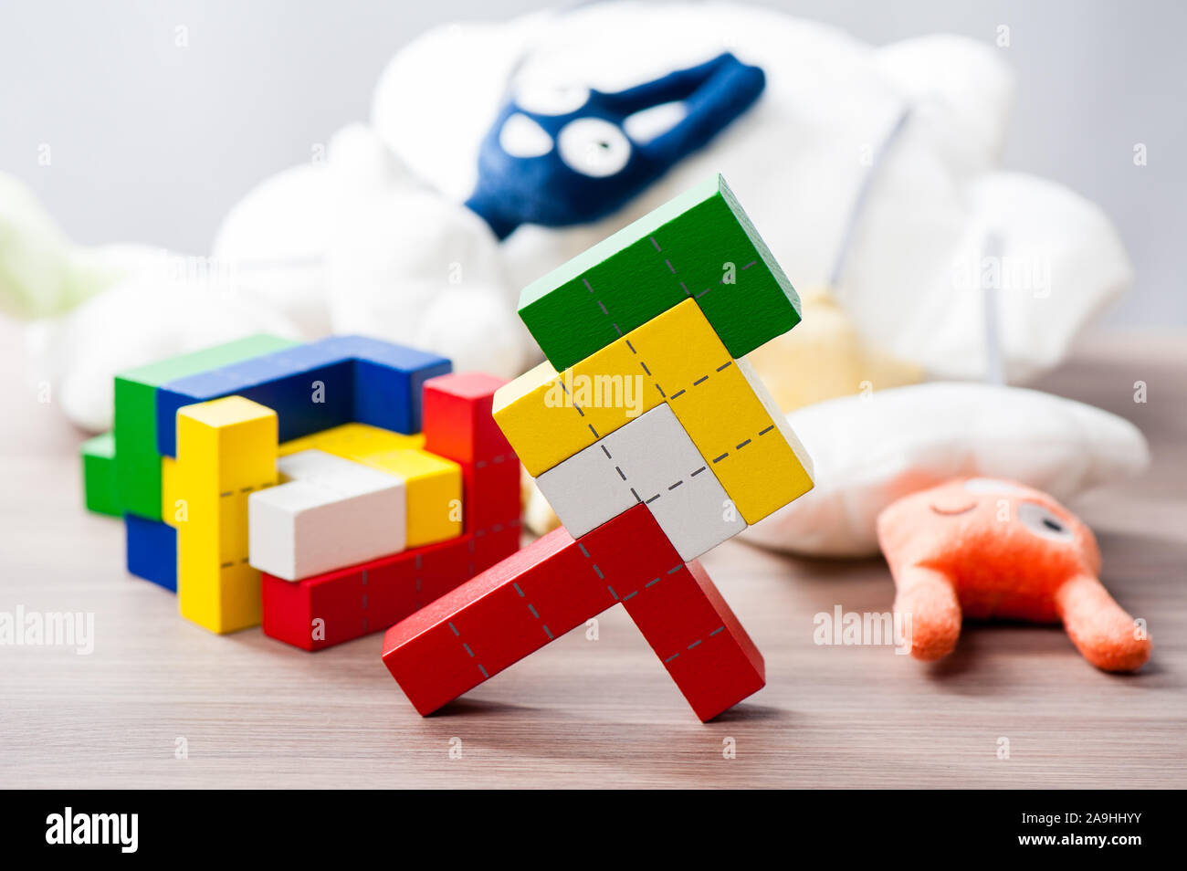 colorful wooden puzzle blocks toy, wooden construction blocks with ...