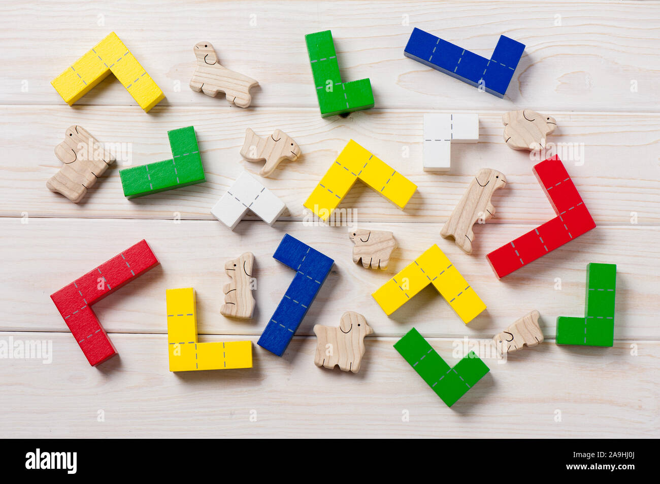 colorful wooden puzzle blocks toy and wooden animals, wooden ...