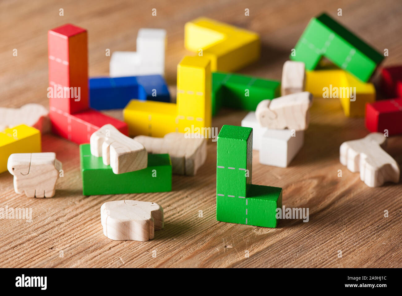 colorful wooden puzzle blocks toy and wooden animals, wooden ...