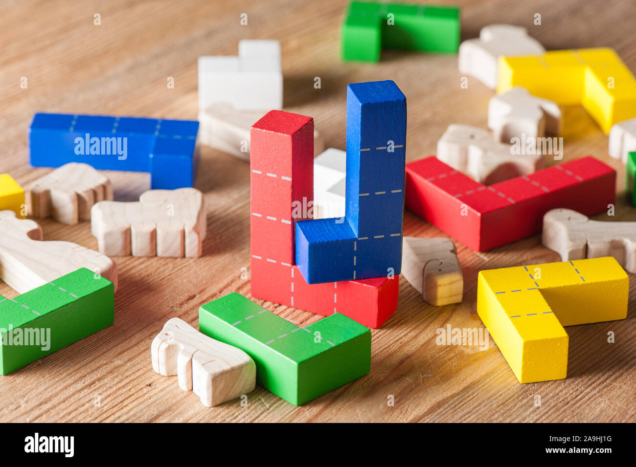 colorful wooden puzzle blocks toy and wooden animals, wooden ...