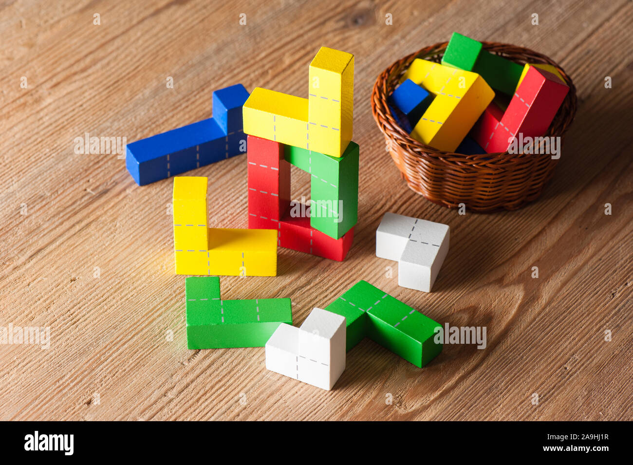 colorful wooden puzzle blocks toy, wooden construction blocks with ...