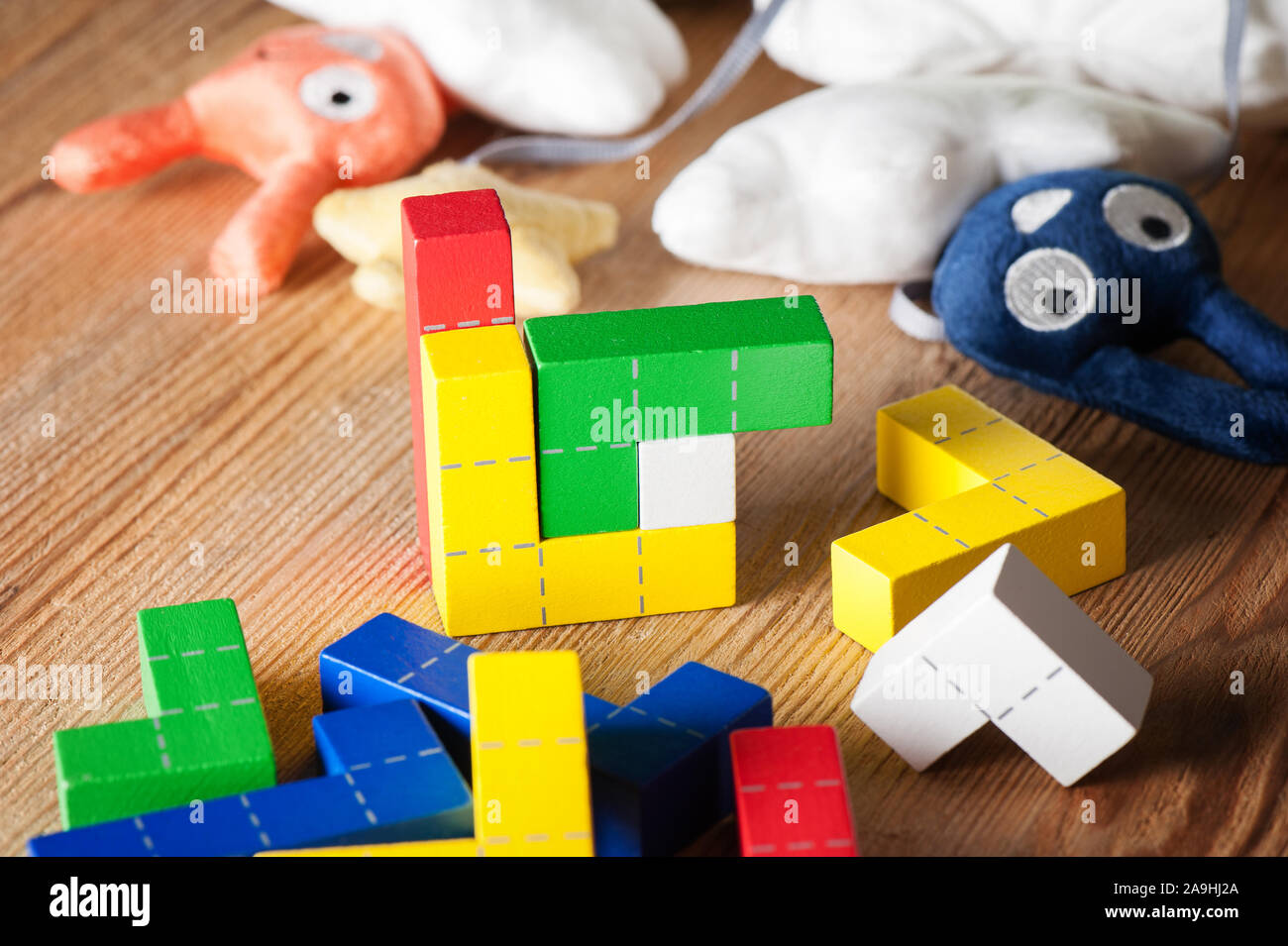 colorful wooden puzzle blocks toy, wooden construction blocks with ...