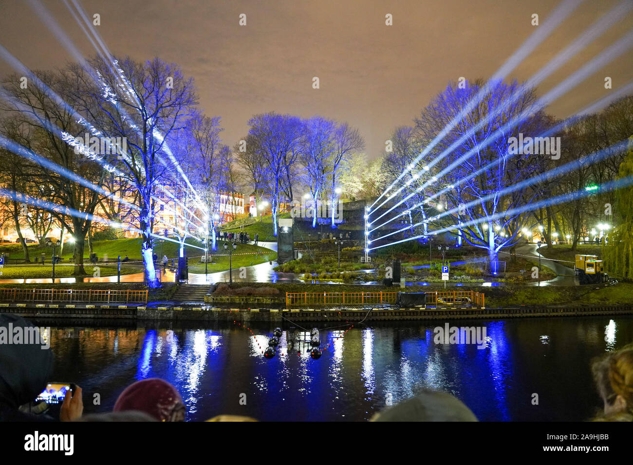 Riga, Latvia. 15th Nov, 2019. People watch a multimedia light show Deja ...