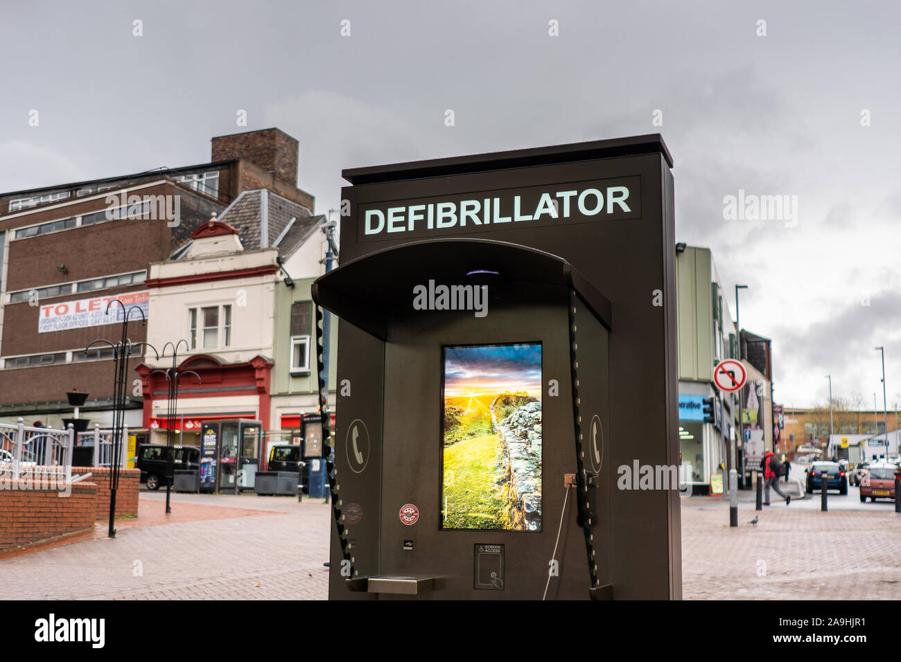 A defibrillator on the high street of Hanley in Stoke on Trent for ...