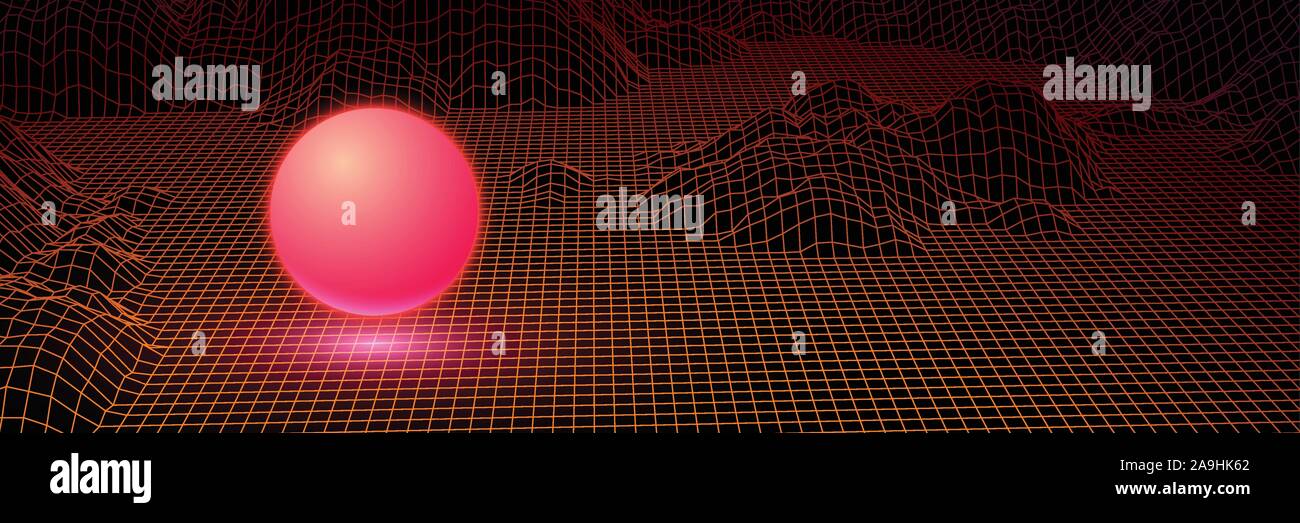 Landscape with wireframe grid of 80s styled retro computer game Stock ...