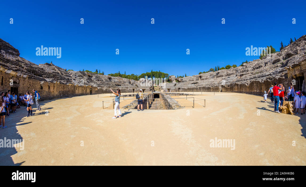 The Amphitheatre or coliseum at the Roman settlements of Italica in ...