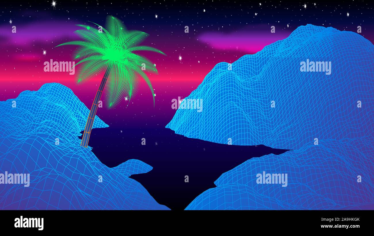 Beach with mountains at night with synthwave or retrowave old 80s ...