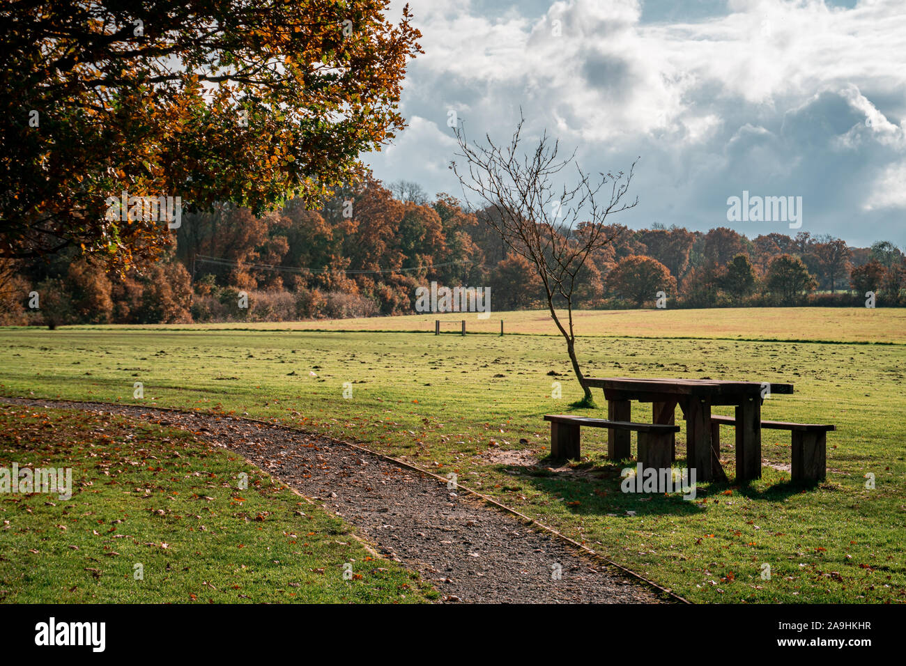 English countryside view with table and benches near Hever, Kent ...