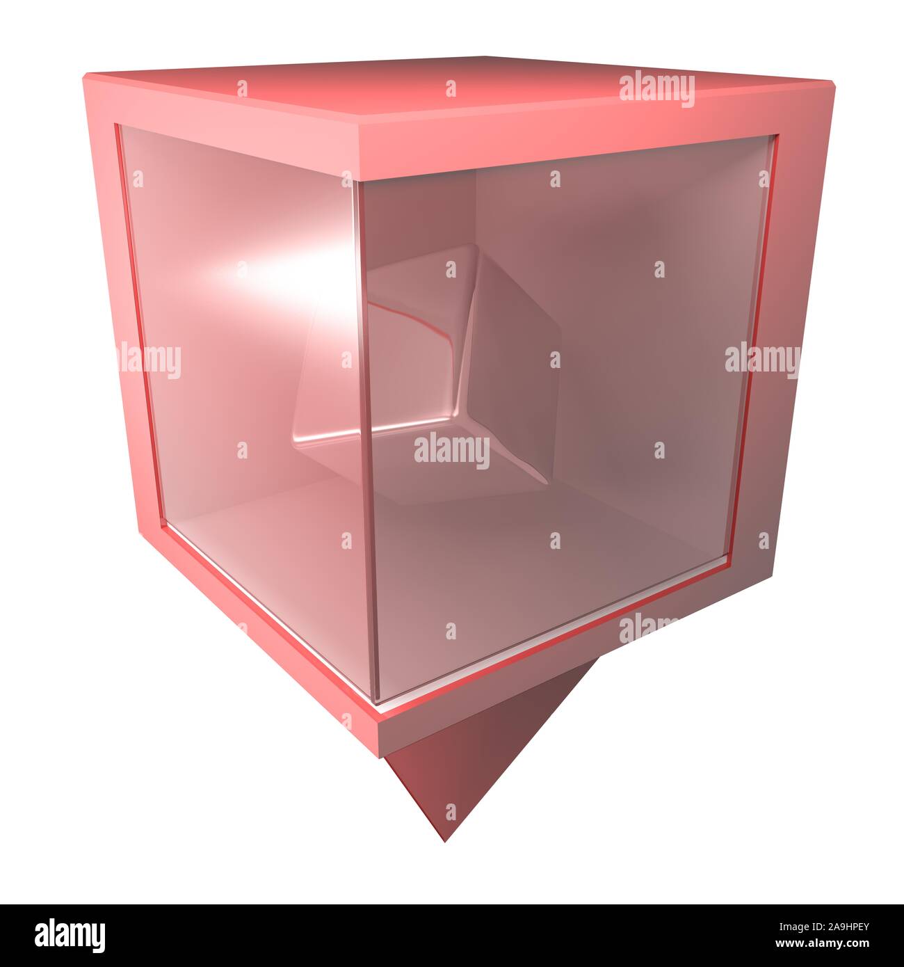 Red positioning box with rotating metallic cube - 3D rendering ...