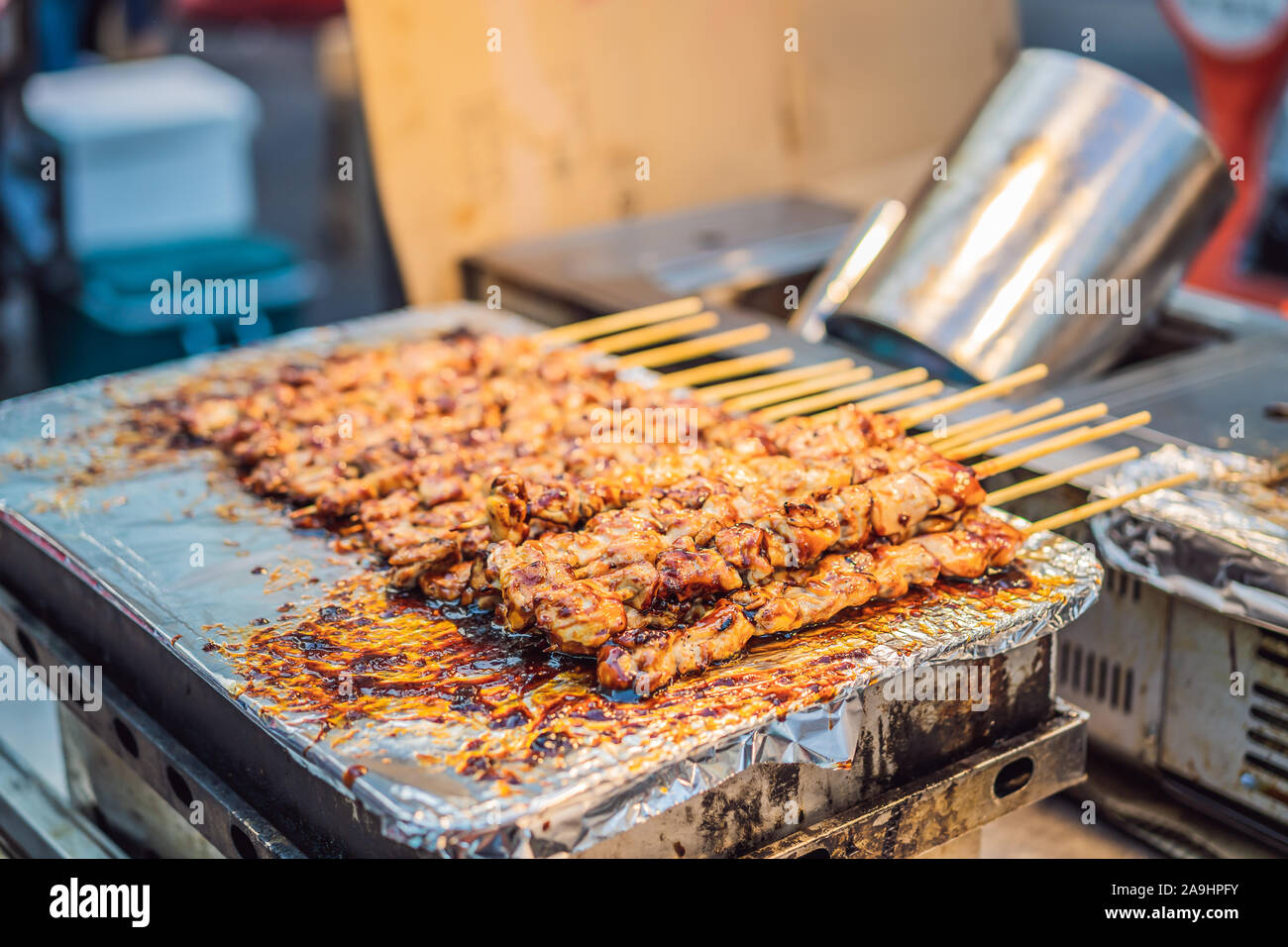 Typical Korean street food on a walking street of Seoul. Spicy fast ...