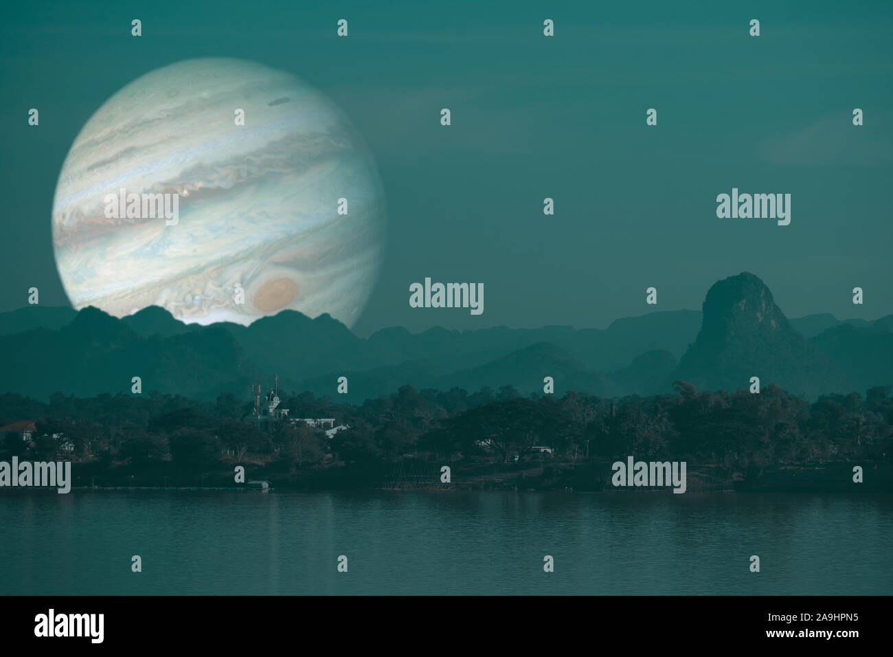 Jupiter planet back silhouette river and mountain inght sky, Elements ...