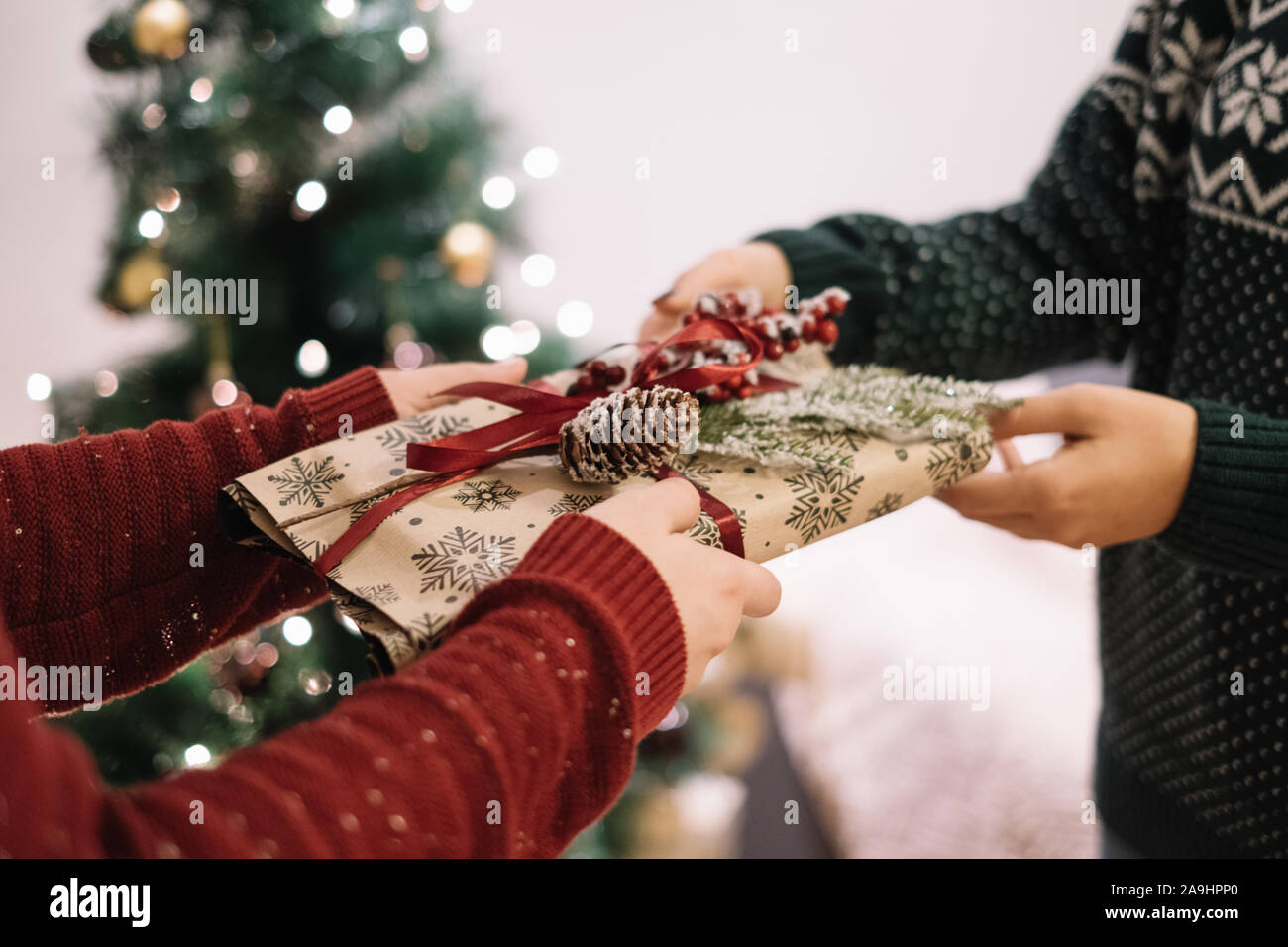 Girl receiving Christmas present from a child's hands Stock Photo - Alamy