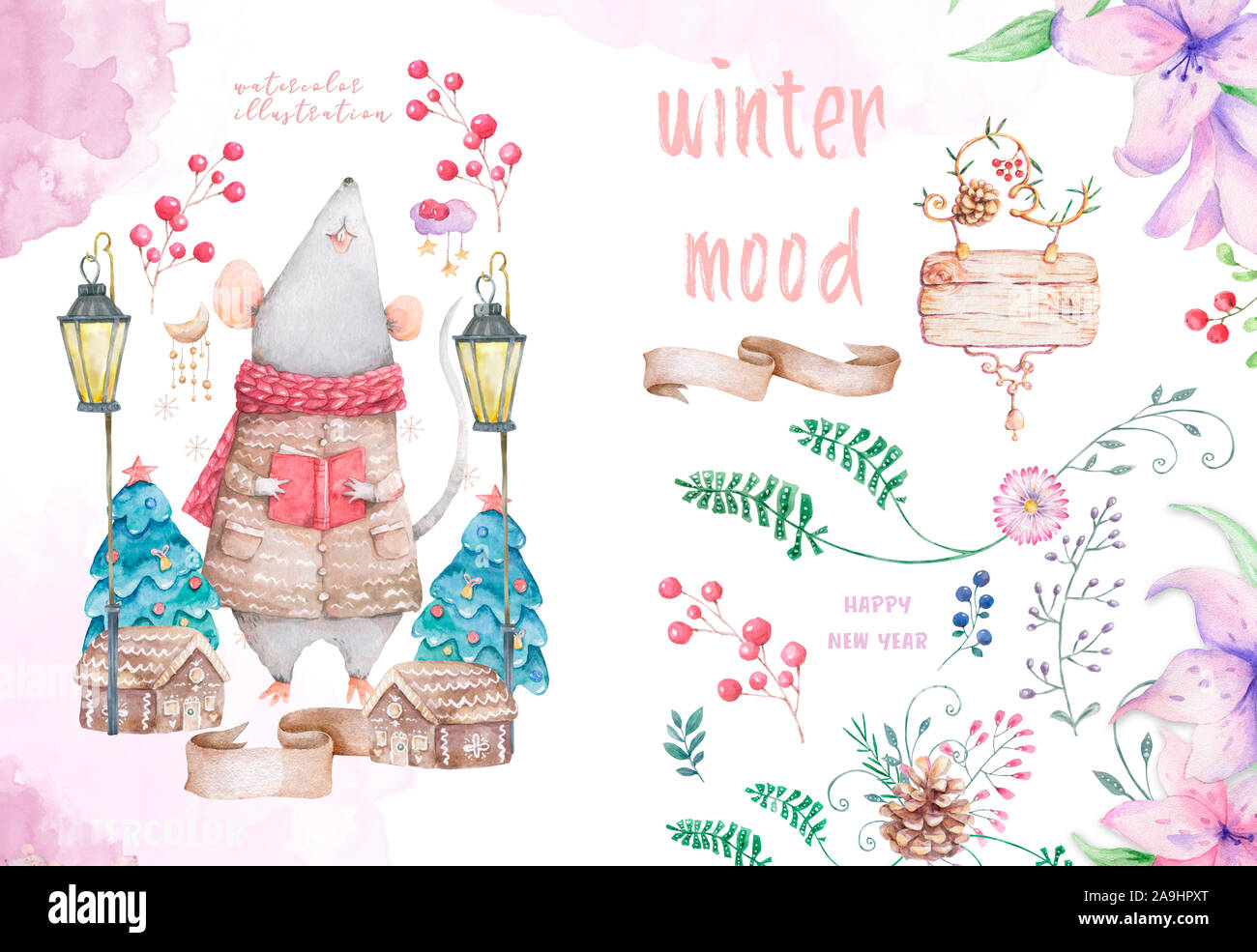 Cute cartoon christmas rat mouse christmas card. Watercolor hand drawn ...