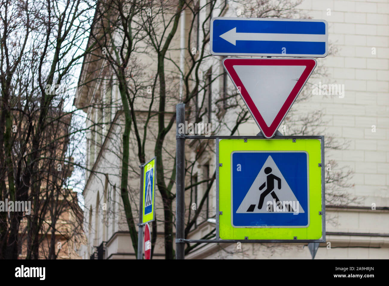 traffic signs give way to a pedestrian . attention transportation way ...