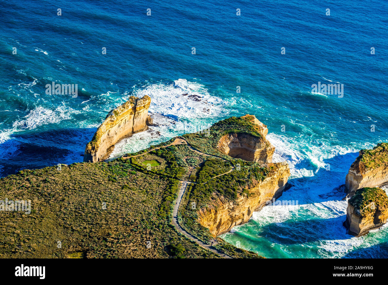An aerial view of the Razorback, a rock stack within Port Campbell ...
