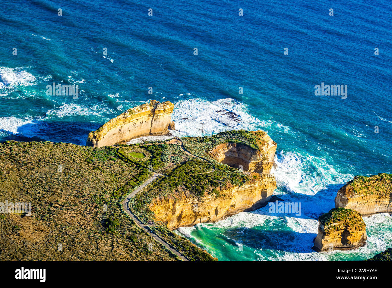 An aerial view of the Razorback, a rock stack within Port Campbell ...