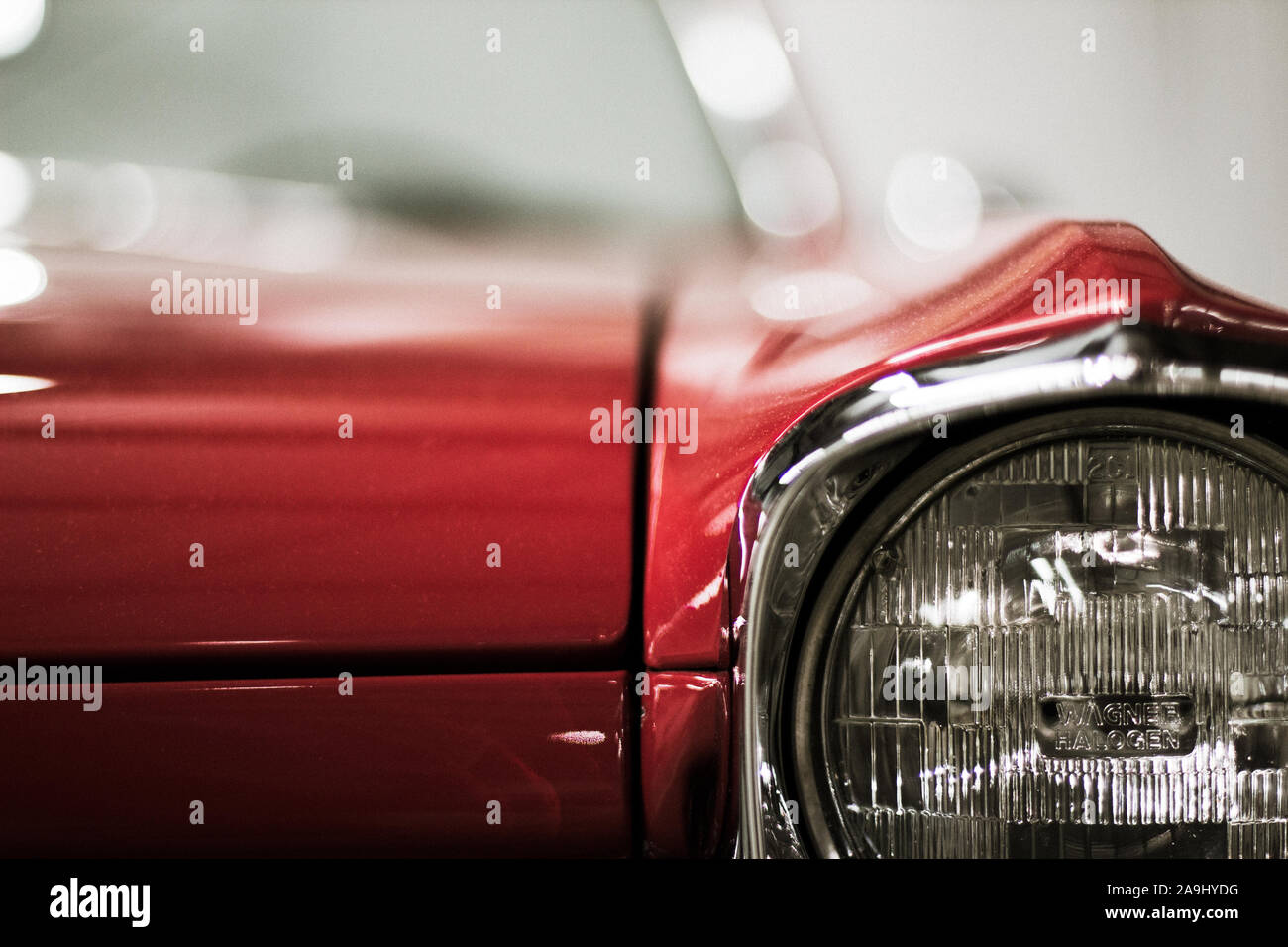 Color, front right view of antique red vintage GTO car fender and ...