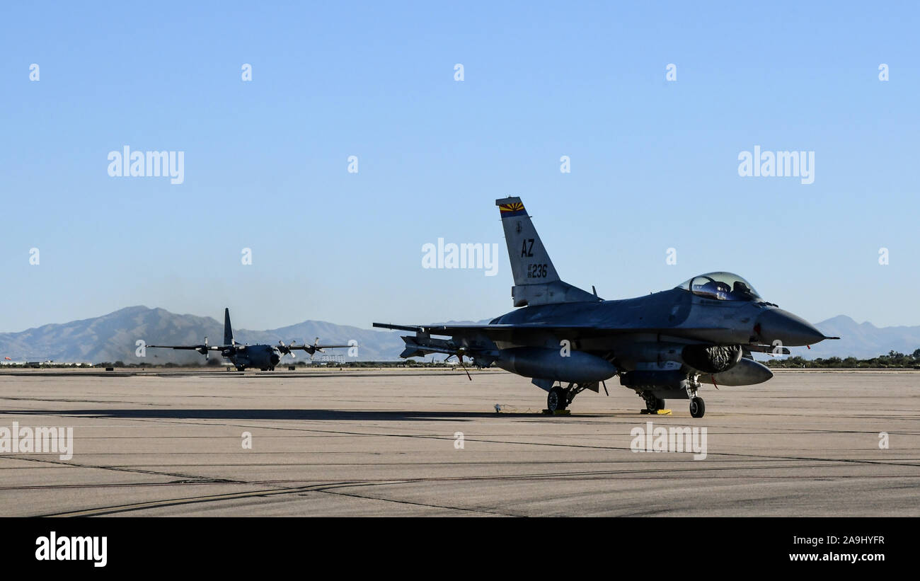 A U.S. Air Force F-16 Fighting Falcon sits on the flight line at Davis ...