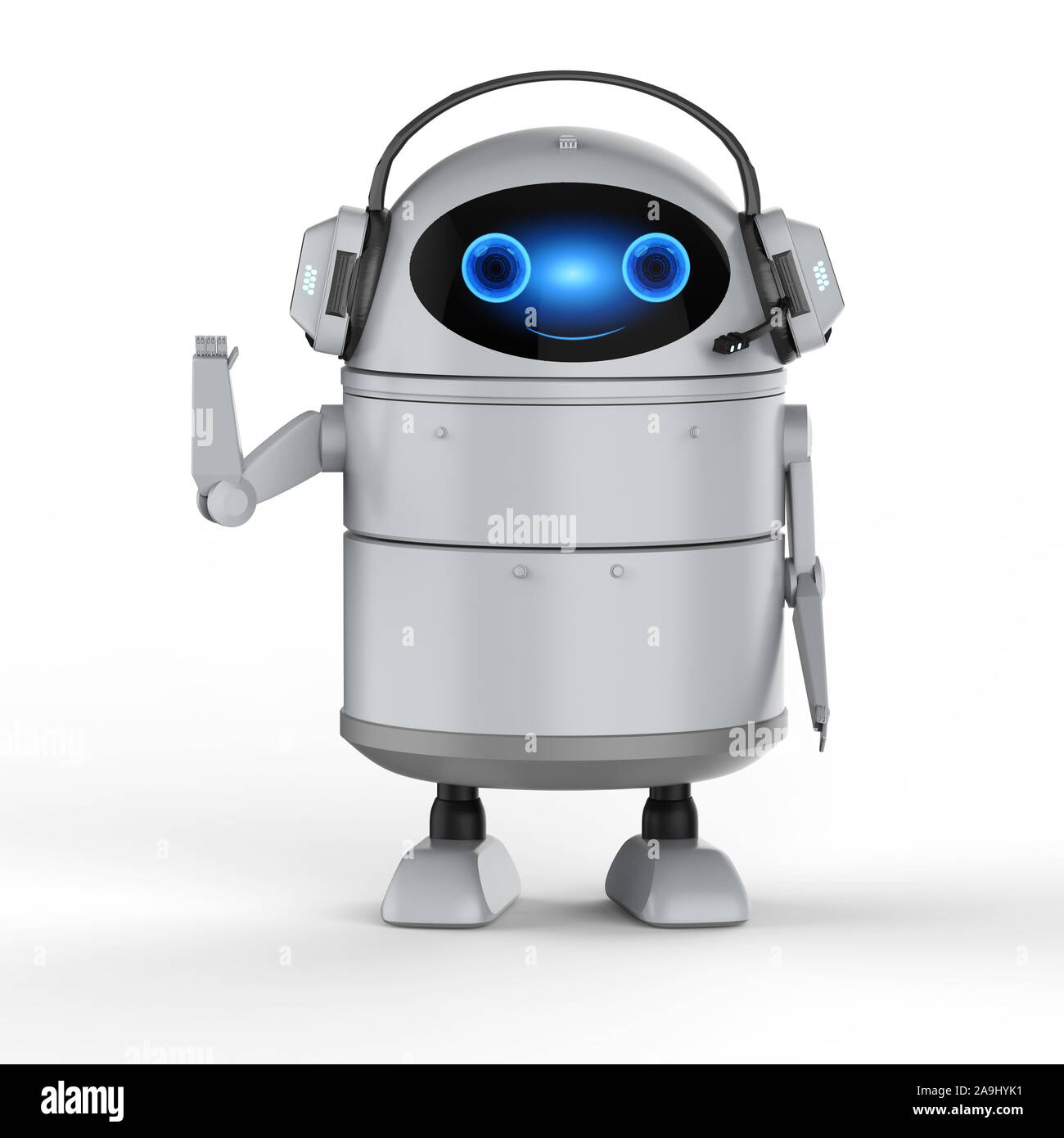Chat bot concept with 3d rendering android robot with headset hand up ...