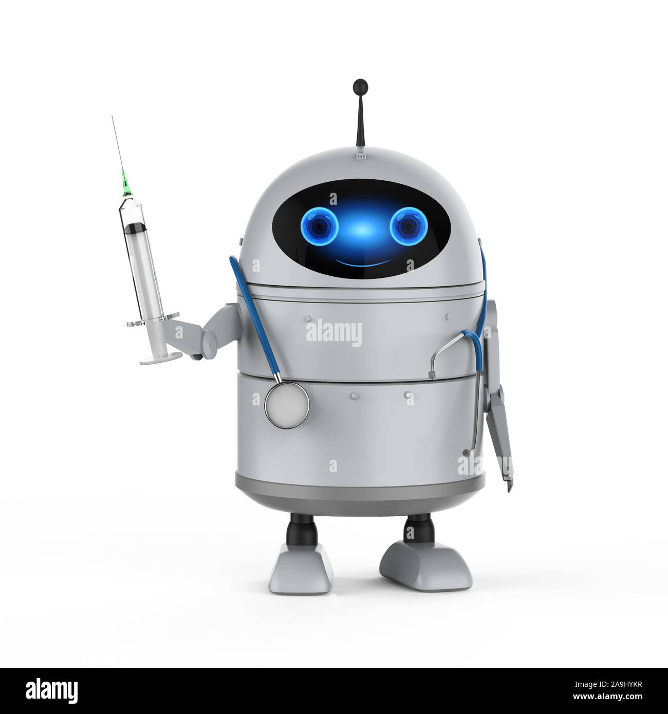 Medical technology concept with 3d rendering android robot hold syringe ...