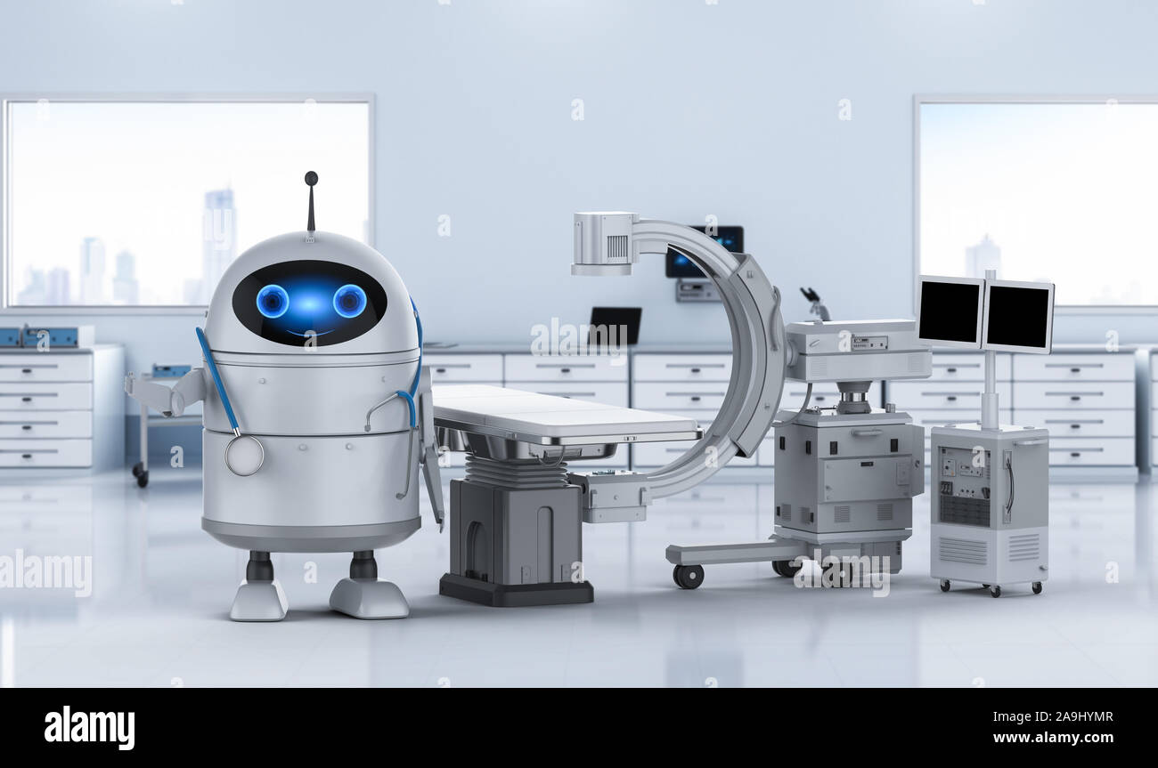 Medical technology concept with 3d rendering android robot with C-Arm ...