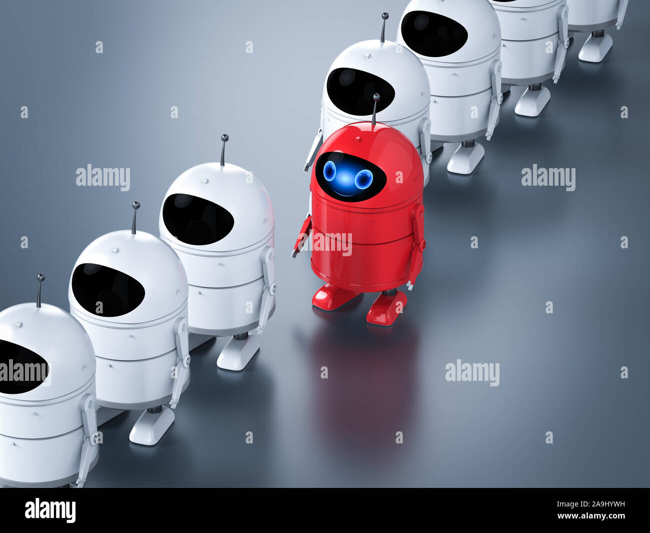 Leadership concept with 3d rendering red android robot stan out of line ...
