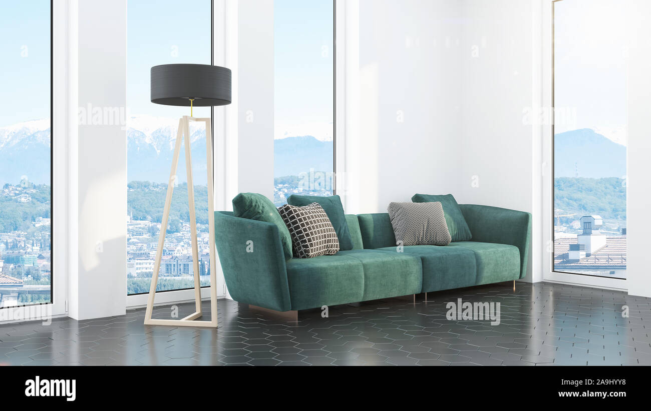 Modern design living room interior with beautiful view . 3D rendering ...