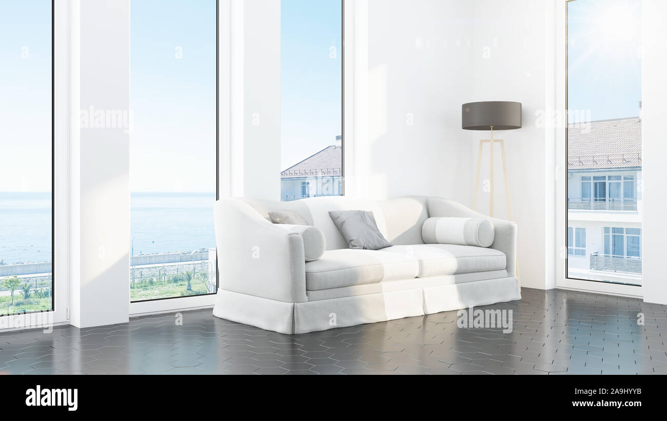 Modern design living room interior with beautiful view . 3D rendering ...