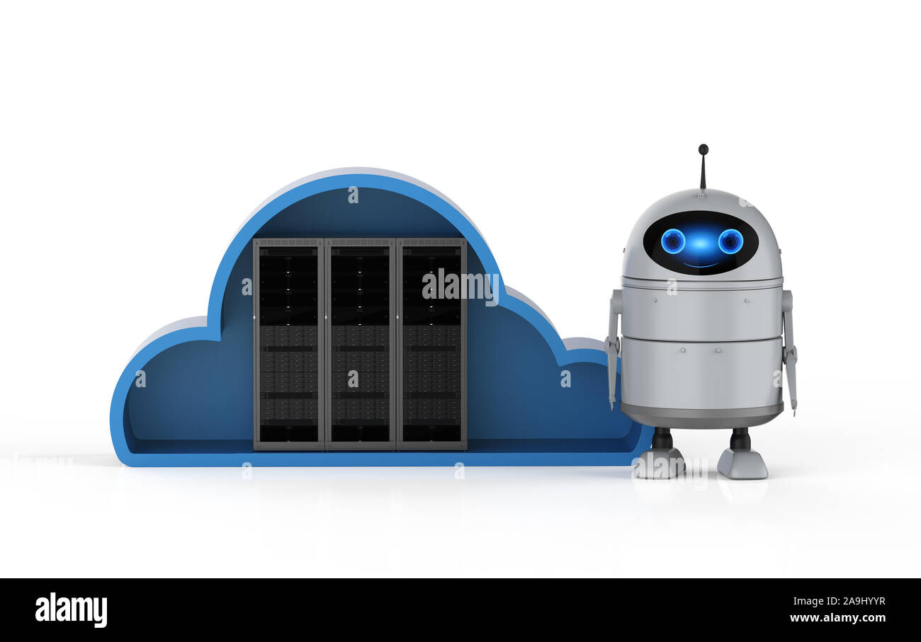 Cloud computing technology 3d rendering android robot with server in ...