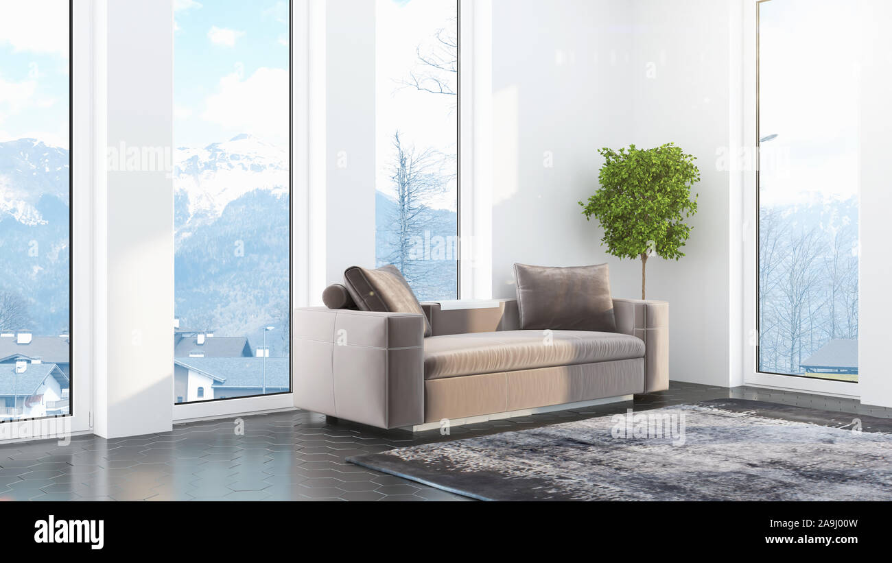Modern design living room interior with beautiful view . 3D rendering ...