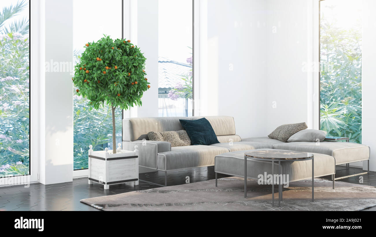 Modern design living room interior with beautiful view . 3D rendering ...