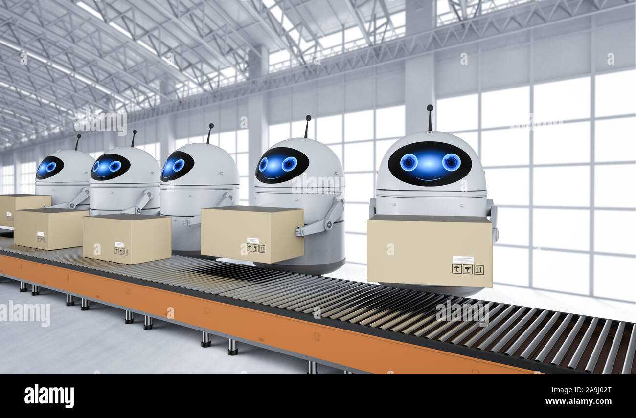 Automation factory concept with 3d rendering robot with boxes on ...
