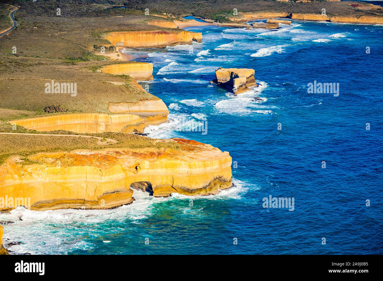 An aerial view of one of the dramatic coastline within Port Campbell ...