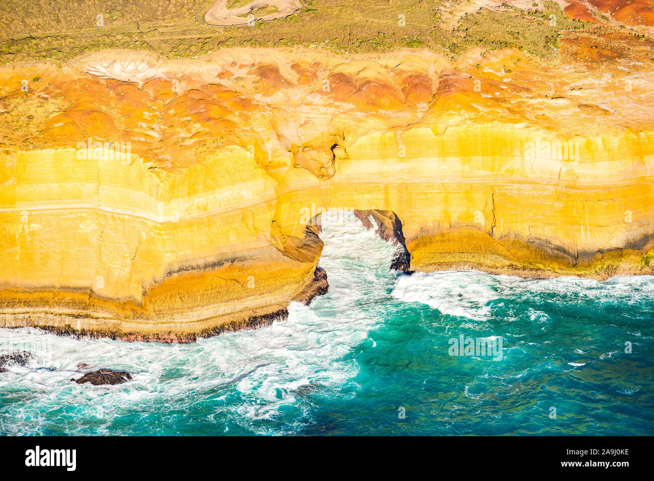 An aerial view of one of the dramatic coastline within Port Campbell ...