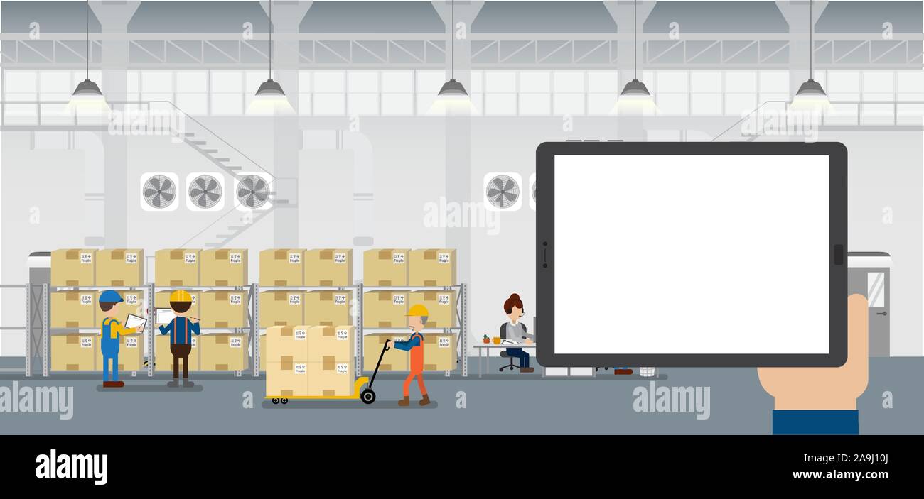Hand hold empty screen tablet in warehouse with workers working flat ...