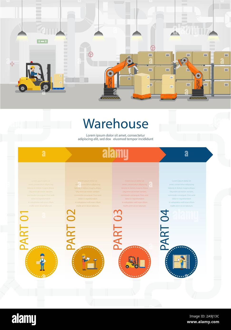 Warehouse management infographic with worker and robot flat design ...