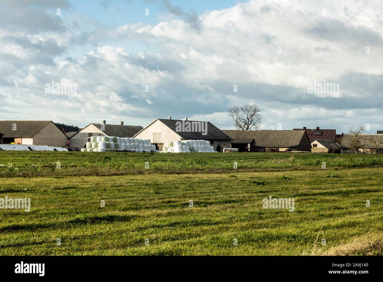 Late autumn. View of the village from the green meadow. Residential ...