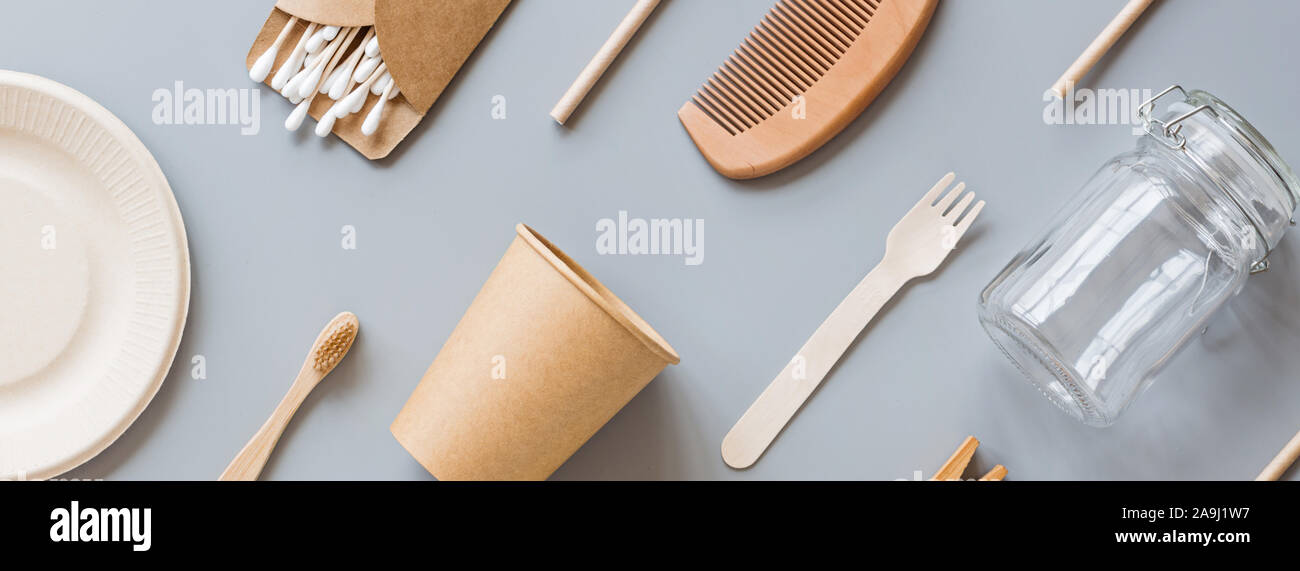 eco natural paper products flat lay on gray background. sustainable ...