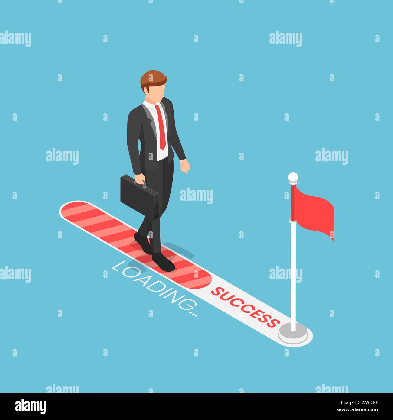Flat 3d isometric businessman walking on progress loading bar with flag ...