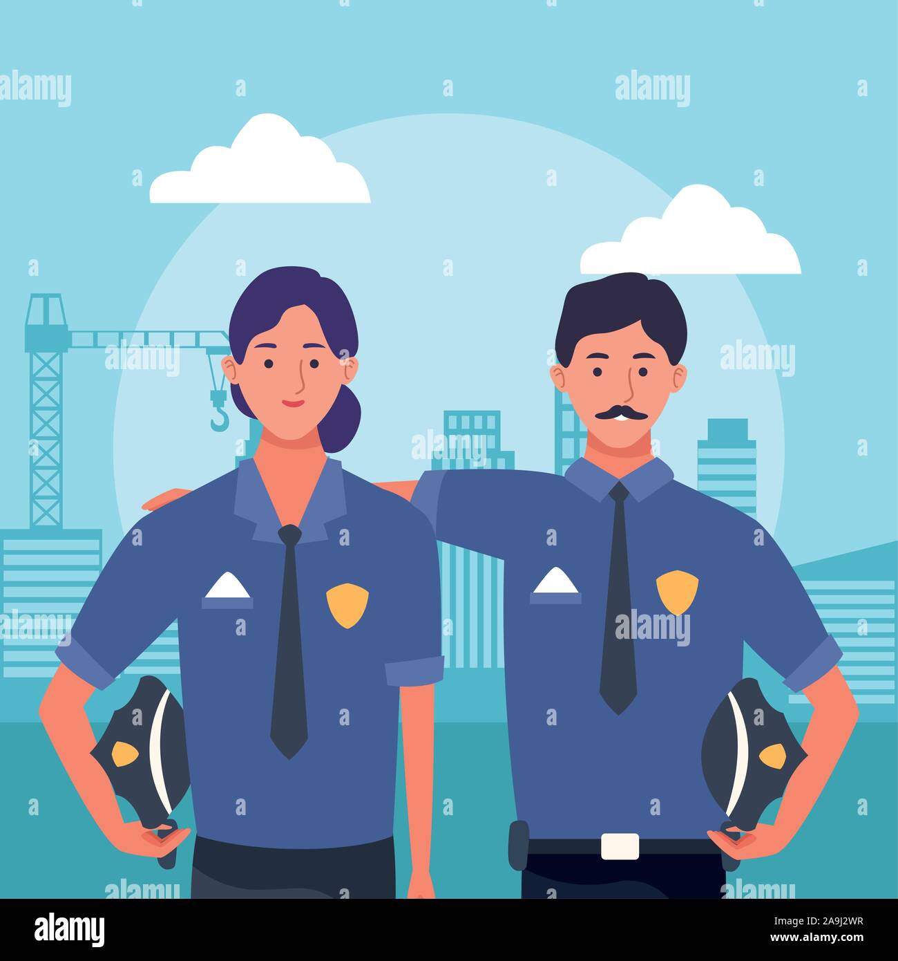 cartoon police man and woman over urban city buildings background Stock ...