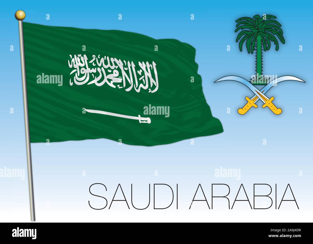 Saudi Arabia official flag with coat of arms, vector illustration Stock ...