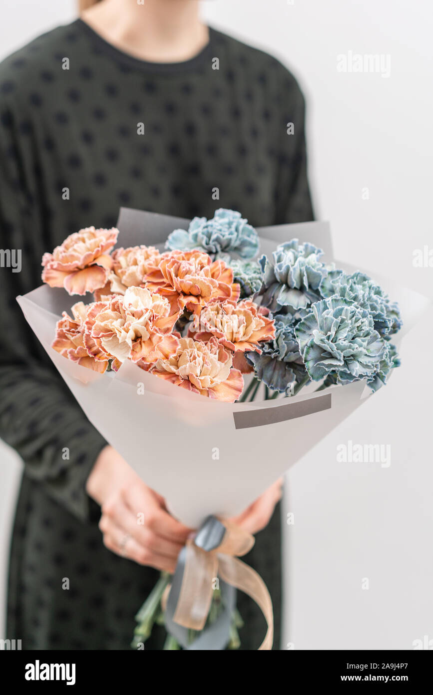 Mono bouquet of orange and blue carnations in woman hand. Unusual ...